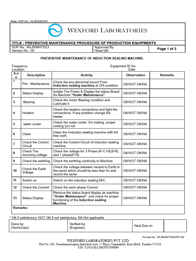 Induction Sealing Machine Maintenance SOP | PDF | Electronic ...