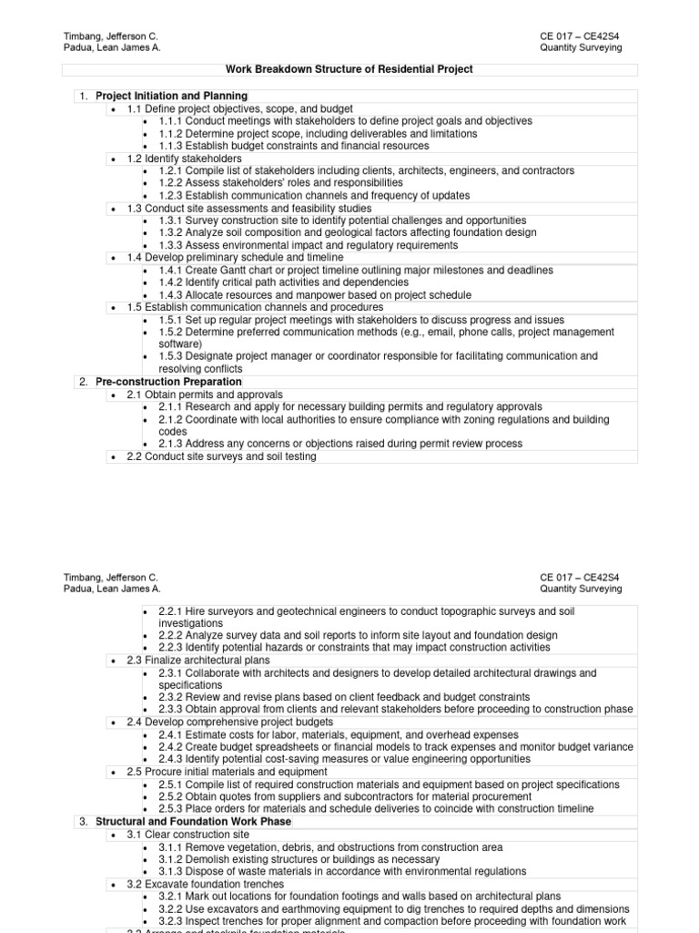 Work Breakdown Structure of Residential Project Timbang Padua | PDF ...