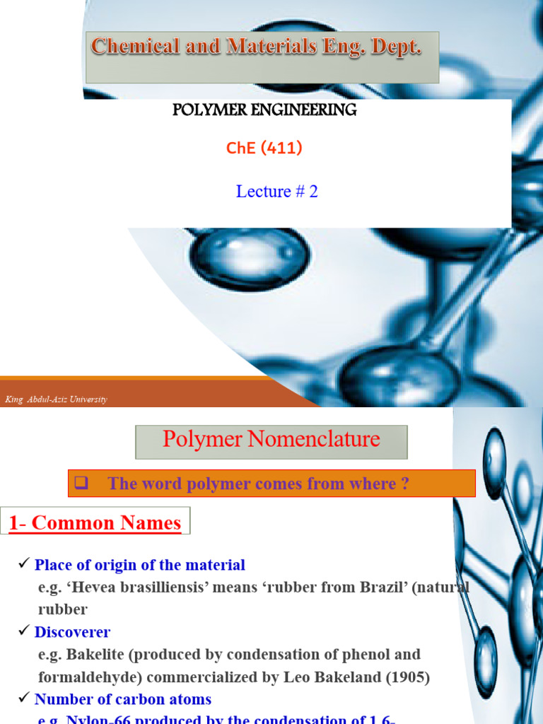 Polymer Engineering: Lecture # 2 | PDF | Polymers | Ethylene