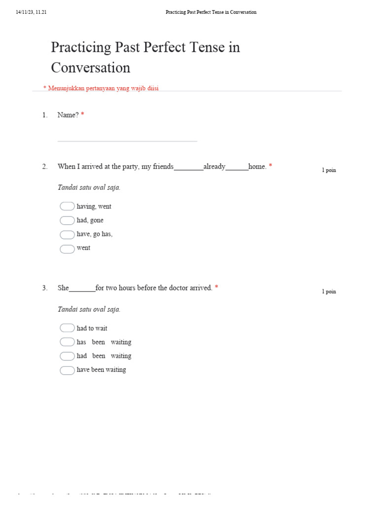 Practicing Past Perfect Tense in Conversation - Google Formulir | PDF ...