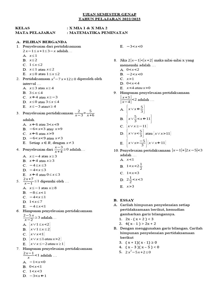 Ujian Tengah Semester Genap Kelas X MTK Peminatan | PDF