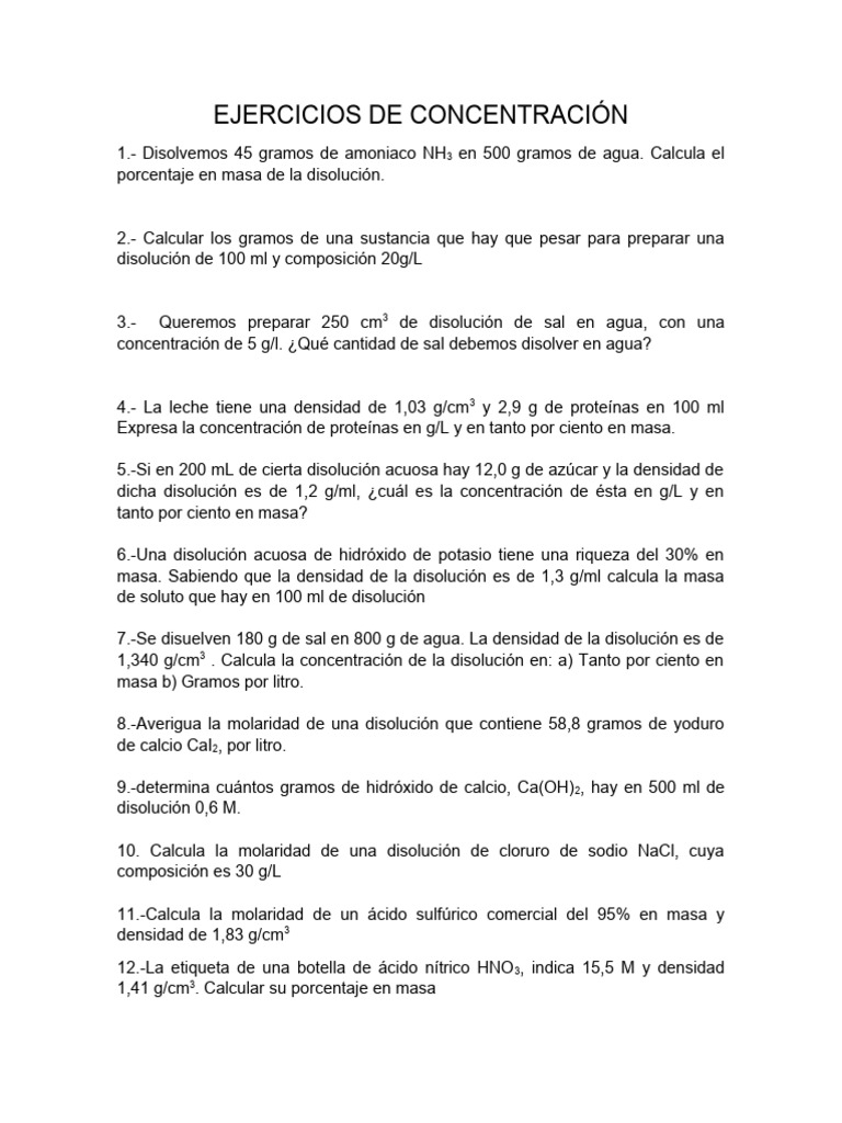 Ejercicios de Cálculo de Concentraciones | PDF | Concentración ...