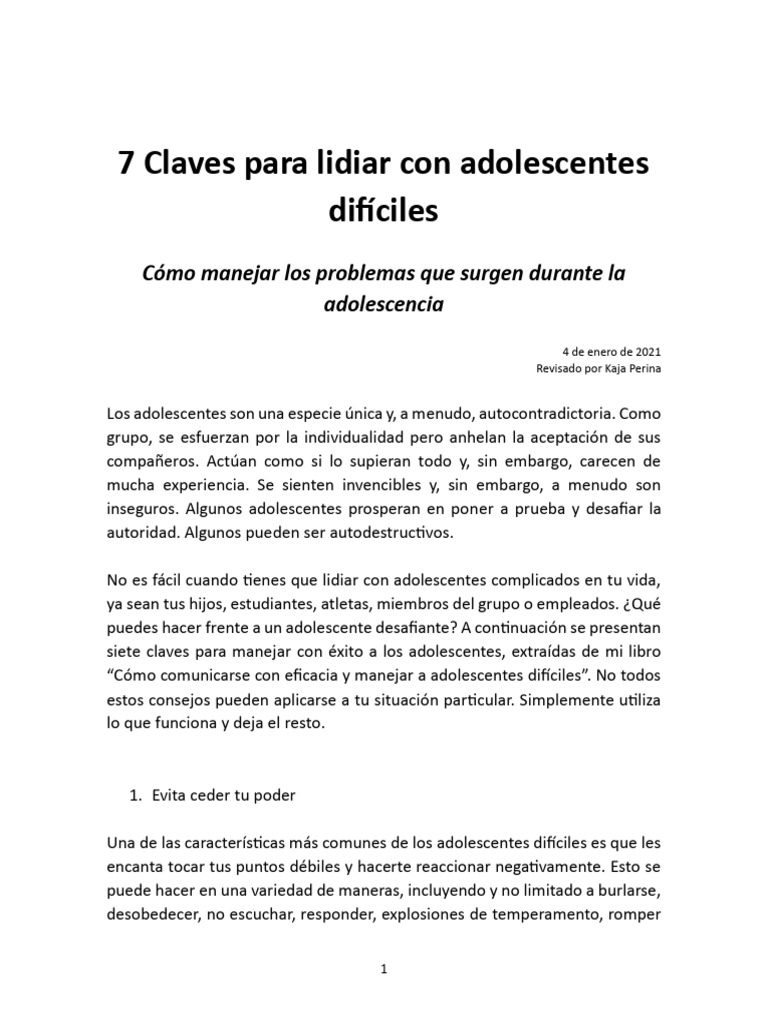 7 Claves para Lidiar Con Adolescentes Difíciles | PDF | Conceptos ...