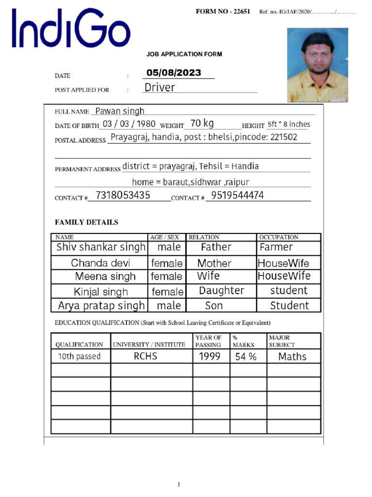 Job Aaplication Form Indigo | PDF