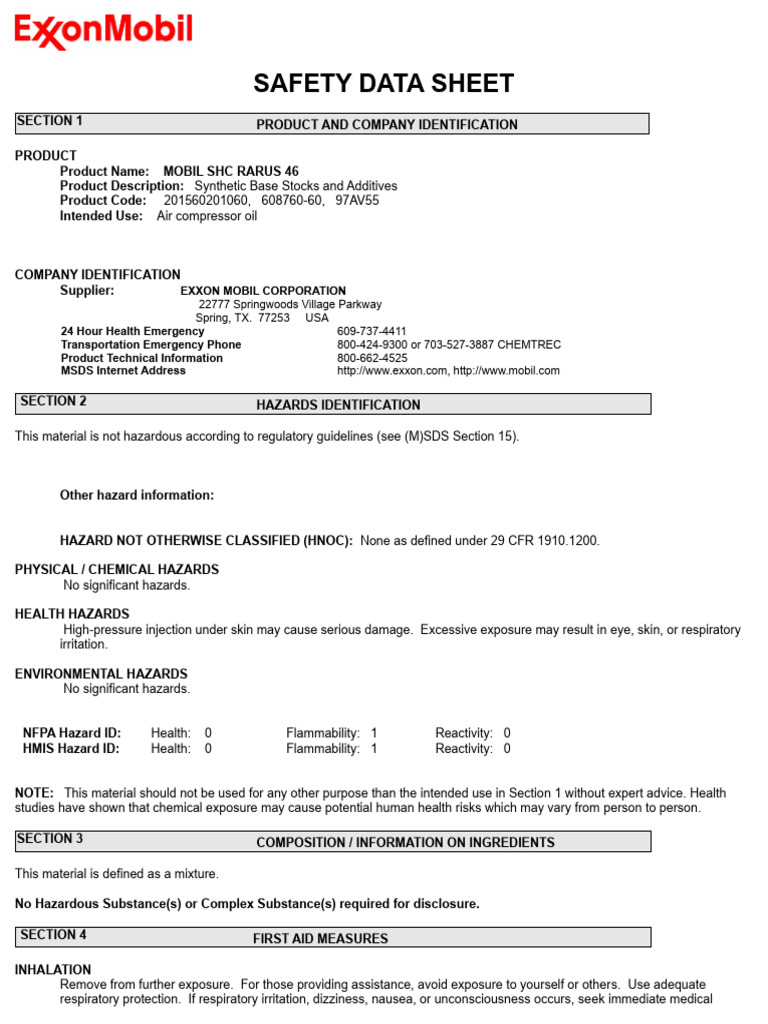 Mobil SHC Rarus 46 SDS | Download Free PDF | Firefighting | Waste ...