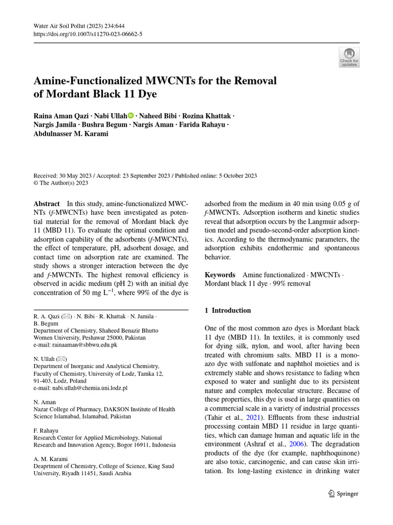 Amine-Functionalized MWCNTs for Dye Removal | PDF | Adsorption | Carbon ...