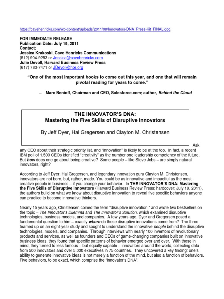 Innovators-DNA Press-Kit FINAL | PDF | Innovation | Thought