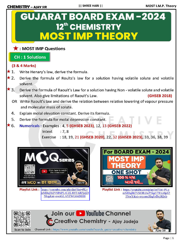 12th Chemistry Most IMP Theory EM - 2024 Ajay Jadeja | PDF