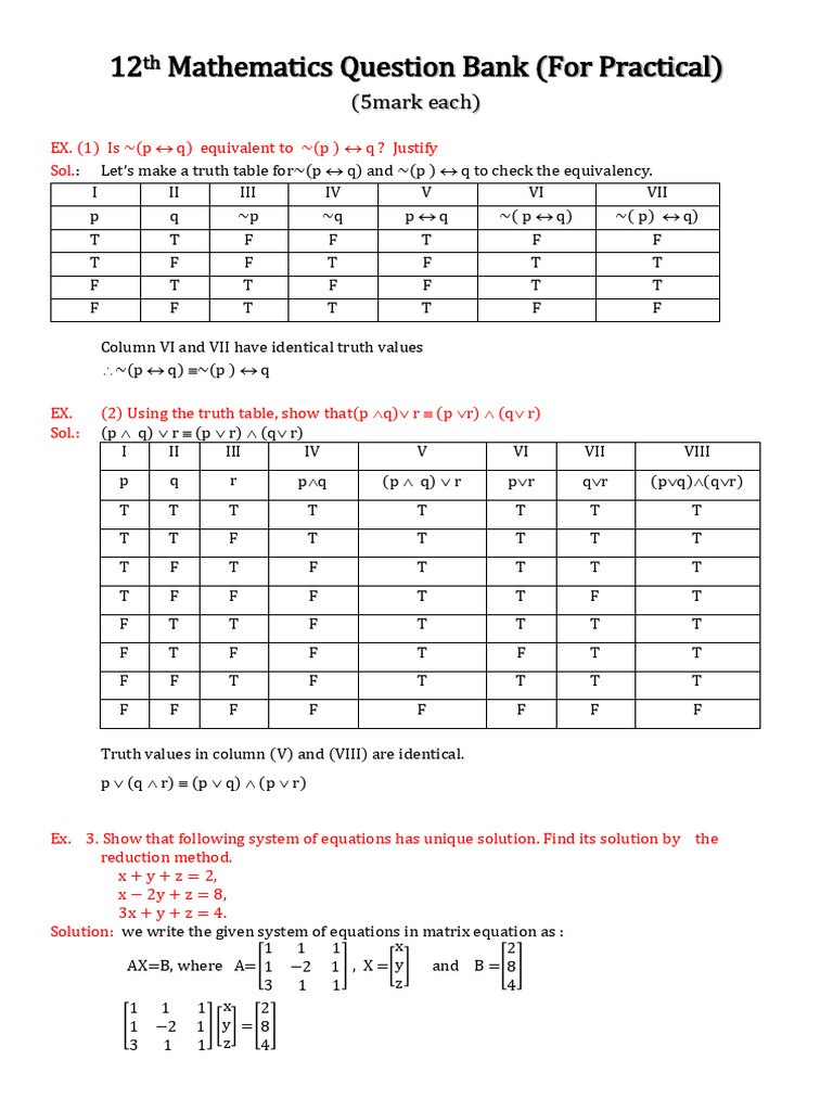 12TH Mathematics Practical Question Bank | PDF | System Of Linear ...
