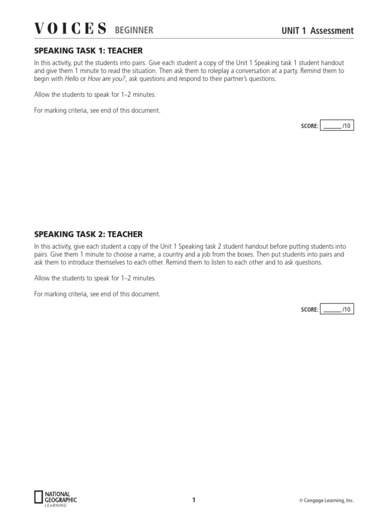 Voices Beginner Speaking Tests Teacher Notes | PDF | Question | Human ...