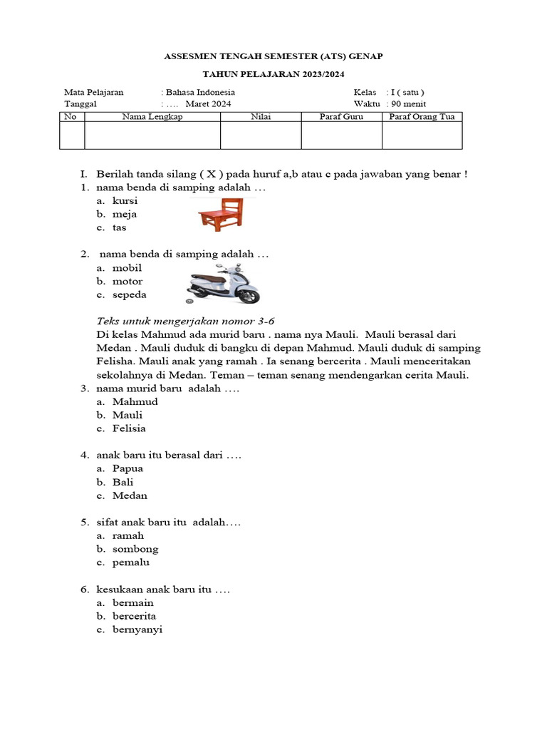 Soal PTS Genap B. INDO Kls 1 2024 | PDF