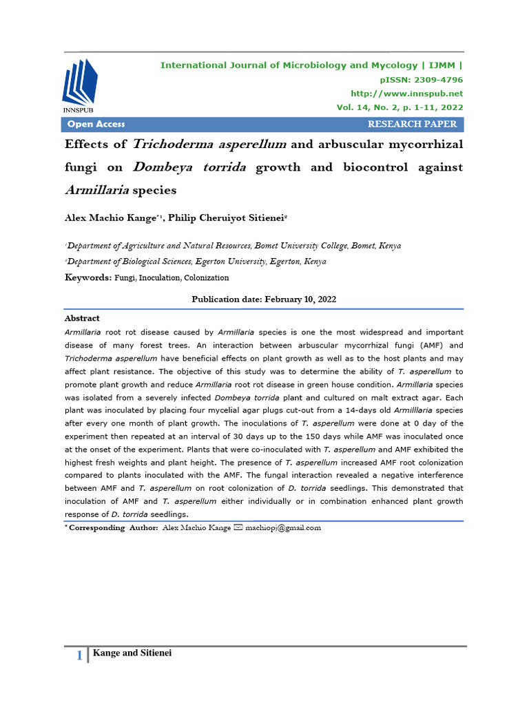 Effects of Trichoderma Asperellum and Arbuscular Mycorrhizal Fungi On Dombeya Torrida Growth and ...