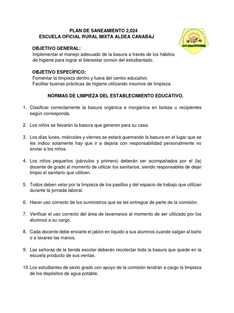 plan de saneamiento 2024 | PDF | Saneamiento | Higiene