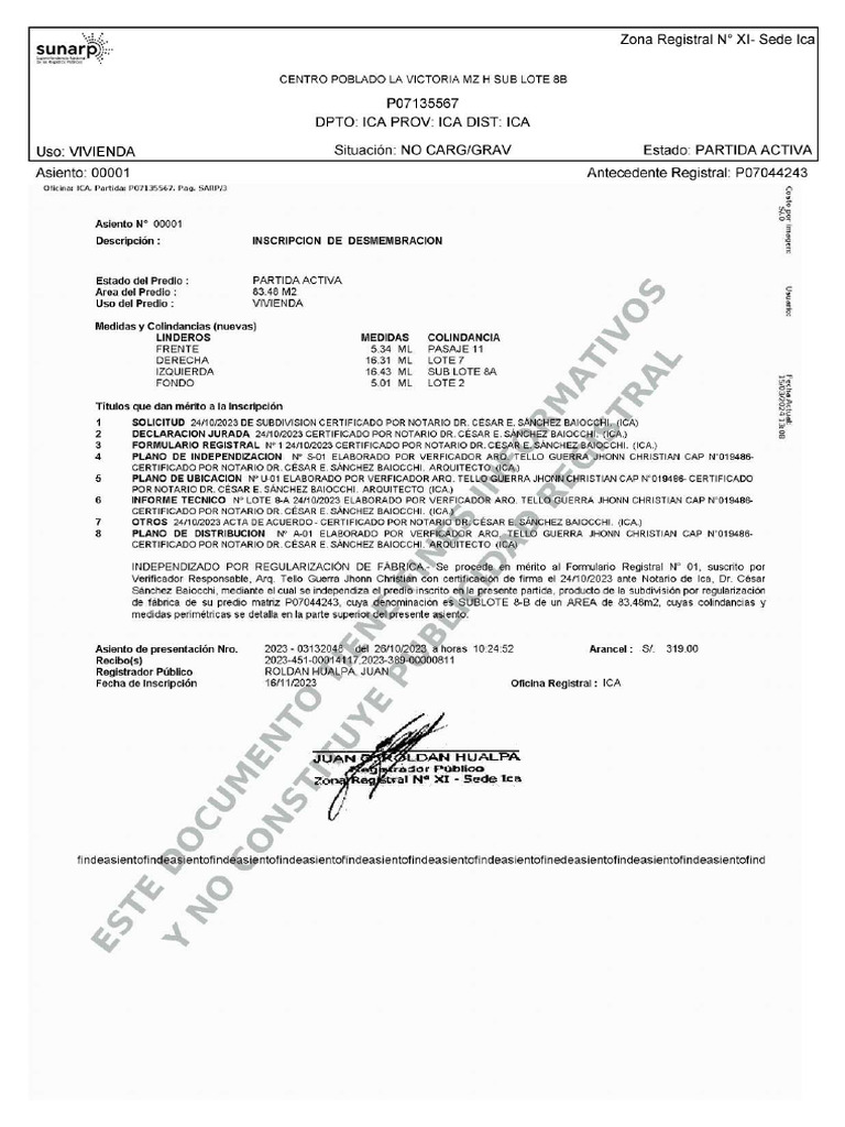 Asiento 1, Desmembración | PDF