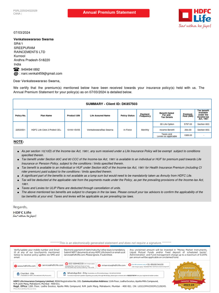 Annual Premium Statements | PDF | Income Tax | Insurance