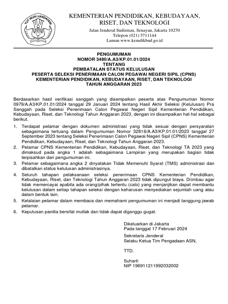Pembatalan Kelulusan Peserta CPNS Kemdikbudristek TA 2023_2 | PDF Pembatalan Kelulusan Peserta CPNS Kemdikbudristek TA 2023_2 | PDF