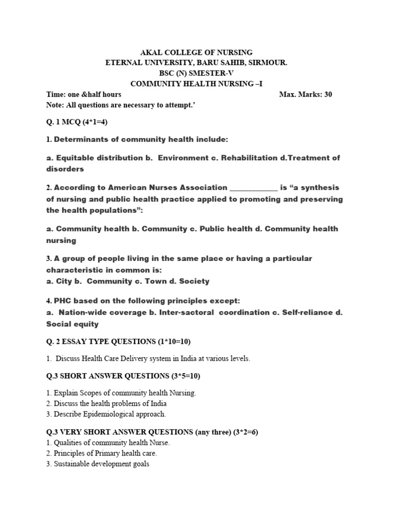 Community Health Nursing Question Paper | PDF