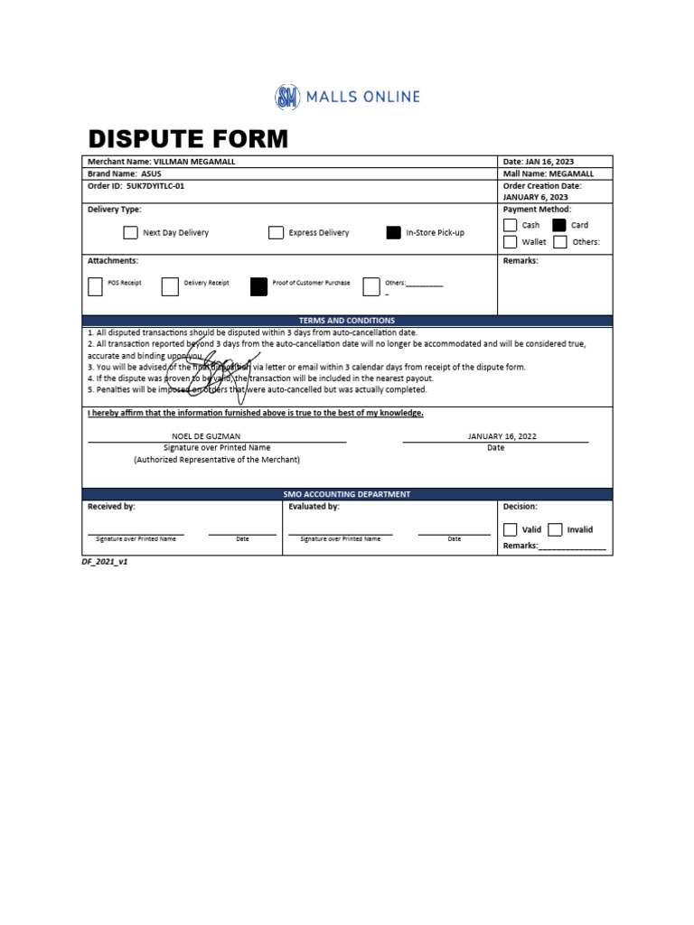 SM Malls Online Dispute Form 5UK7DYITLC-01 | PDF | Receipt | Banking ...