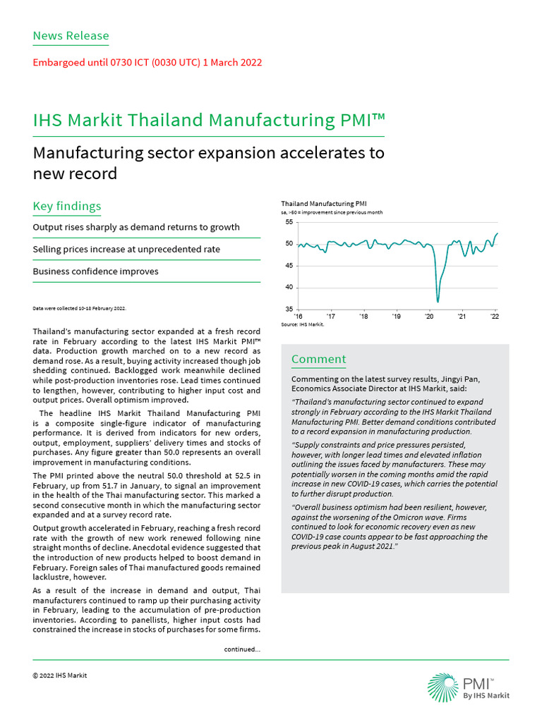 IHS Markit Thailand Manufacturing PMI™: Manufacturing Sector Expansion ...