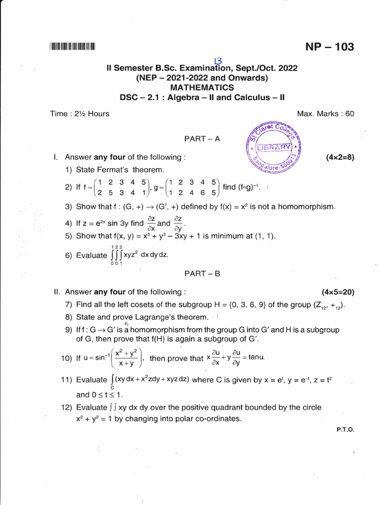 13 Mathematics Sep Oct 2022 | PDF | Algebra | Abstract Algebra