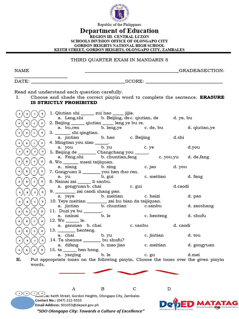 THIRD QUARTER EXAM IN MANDARIN 8 - Revised | PDF | Languages Of Hong ...
