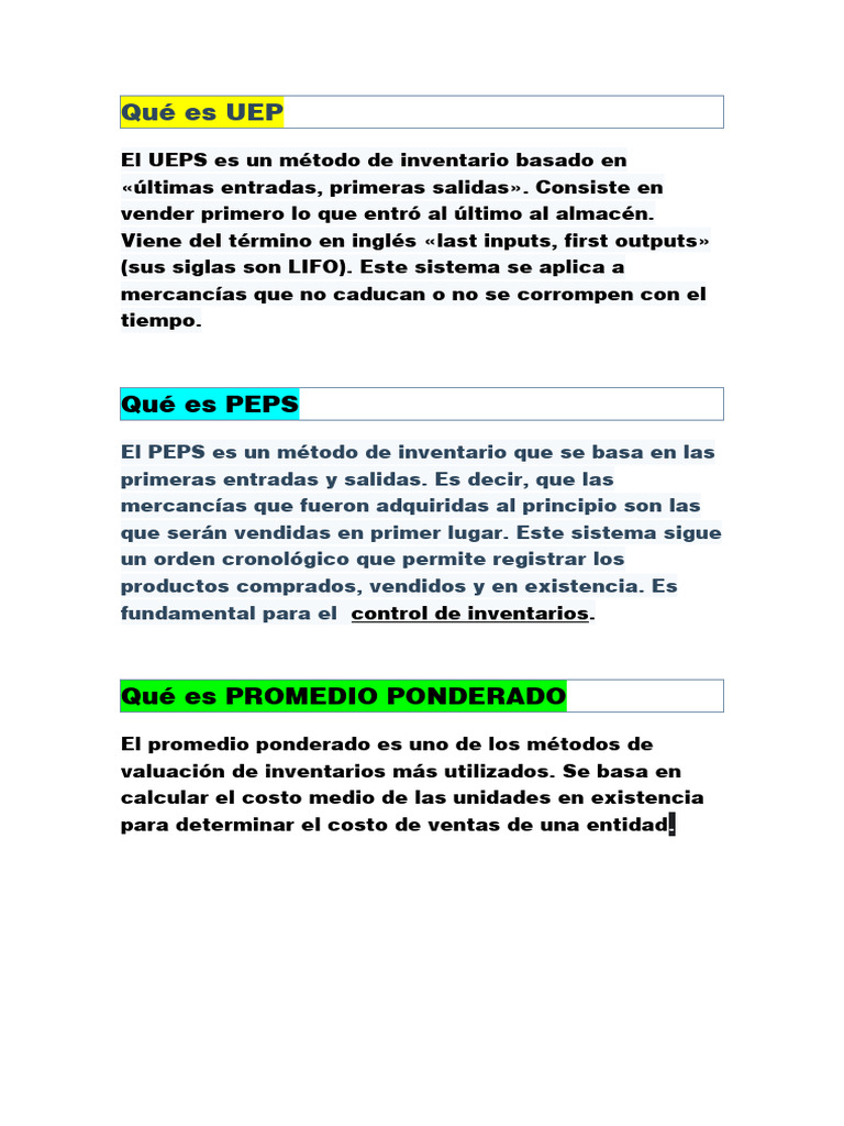 Métodos de Inventario: UEP, PEPS y Promedio Ponderado | PDF