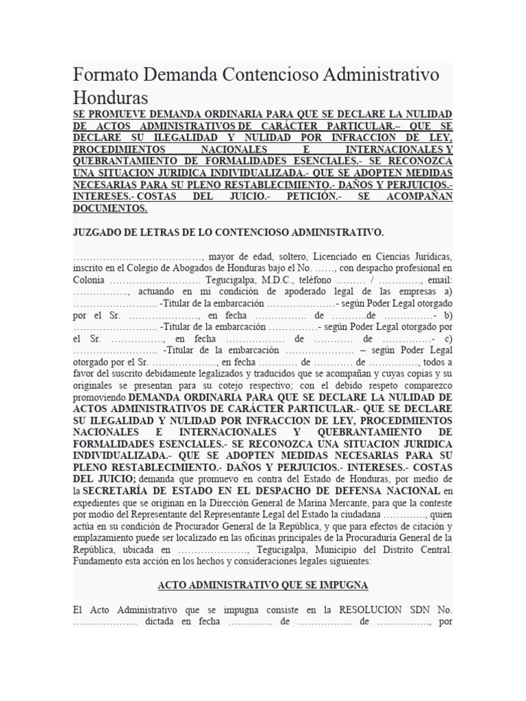 Formato Demanda Contencioso Administrativo Honduras | PDF | Debido al ... Formato Demanda Contencioso Administrativo Honduras | PDF | Debido al ...
