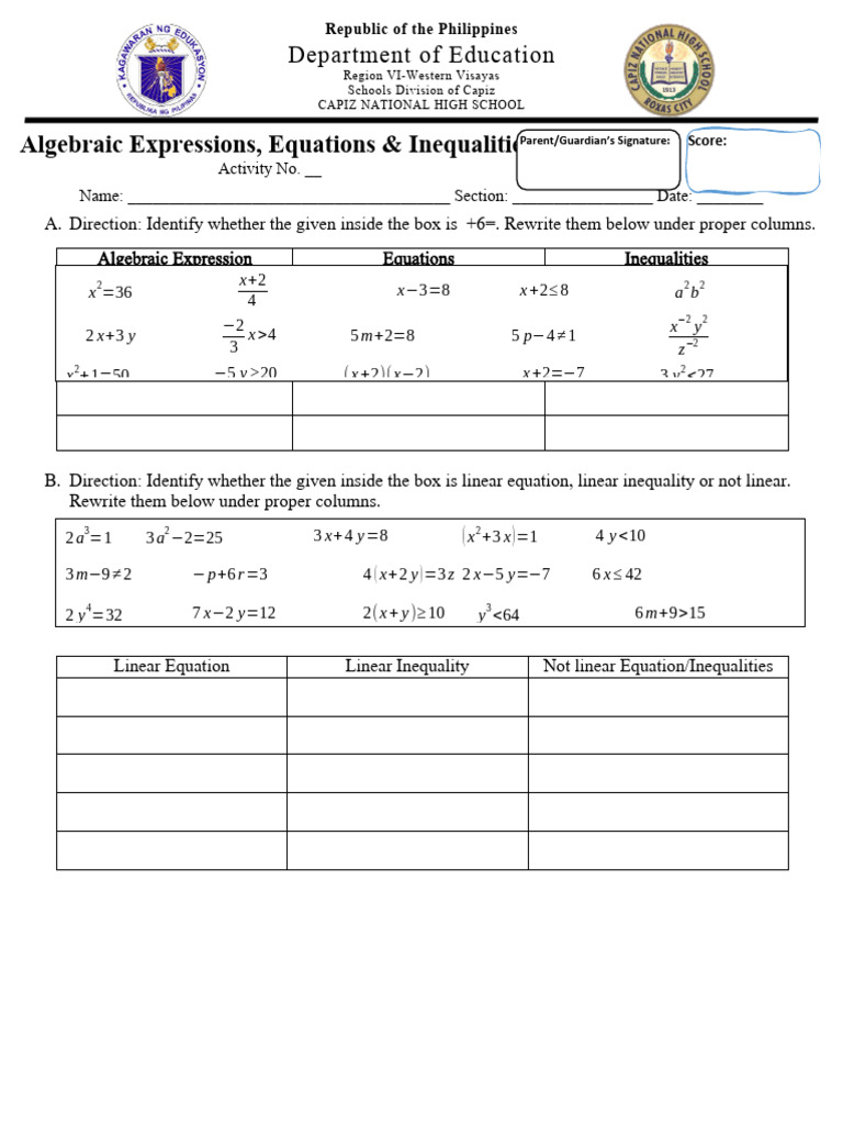 Algebraic-Expression Equations Inequalities | PDF | Equations | Algebra