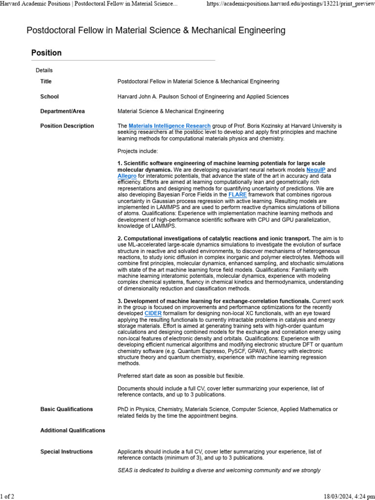 Harvard Academic Positions Postdoctoral Fellow in Material Science & Mechanical Engineering ...