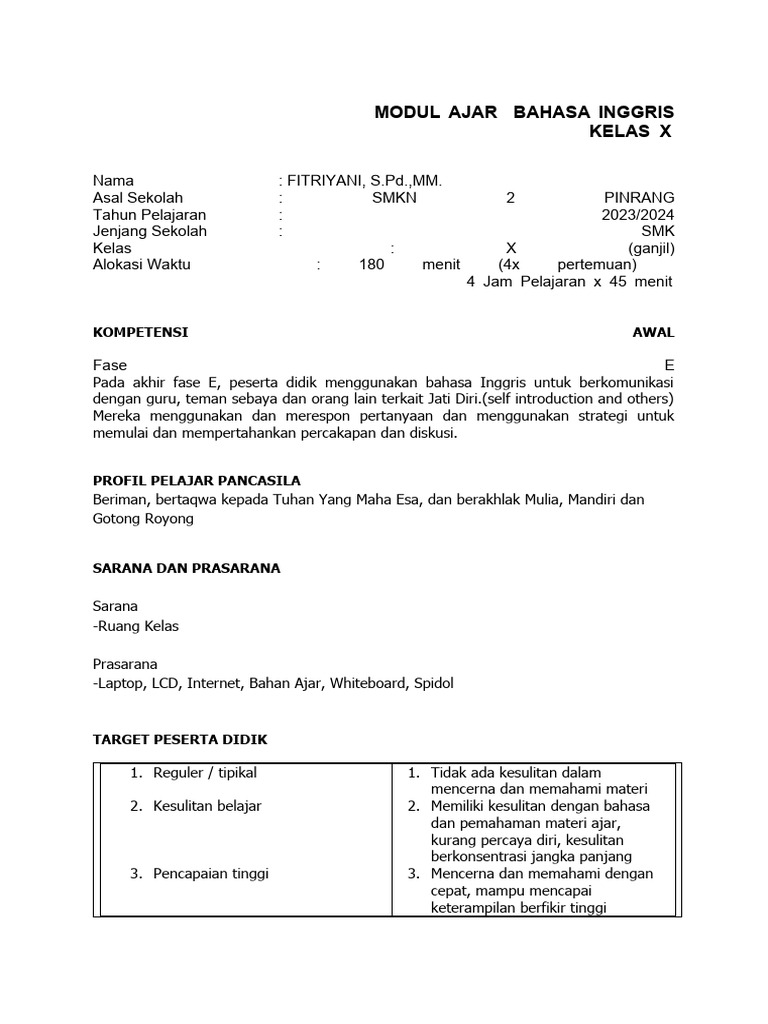 MODUL AJAR Self Intro | PDF