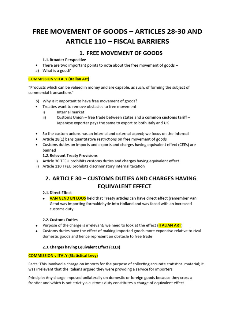 Free Movement of Goods: EU Legal Framework | PDF | Taxes | Customs