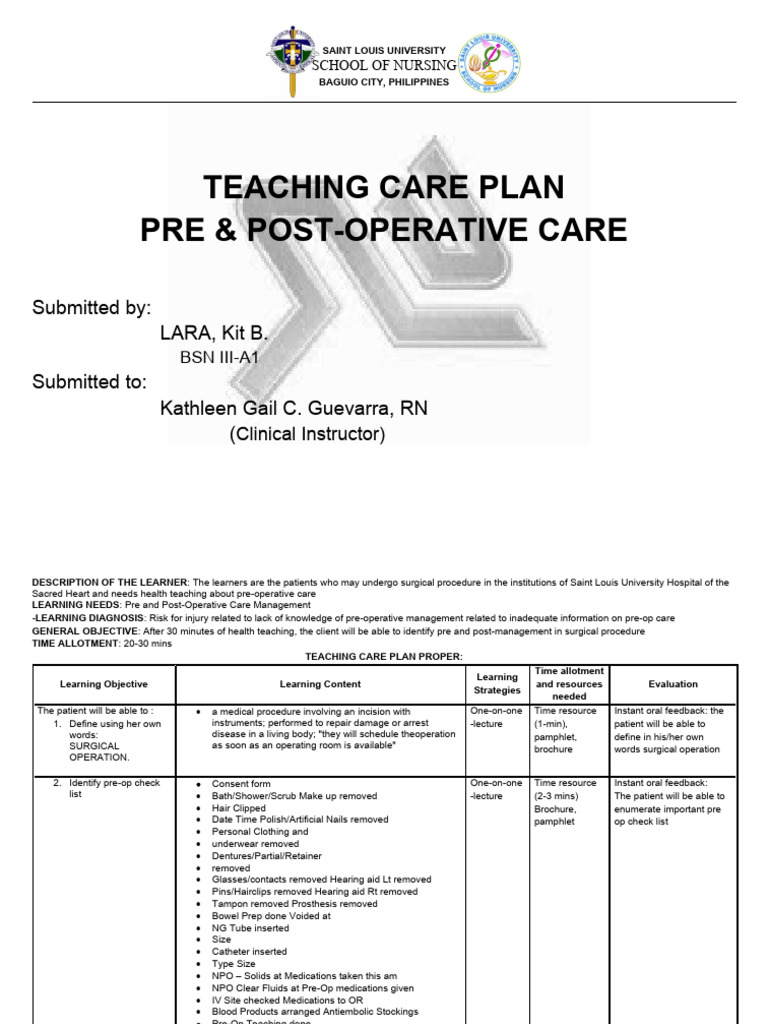 Pre & Post-Op Care Teaching Plan | PDF | Surgery | Breathing