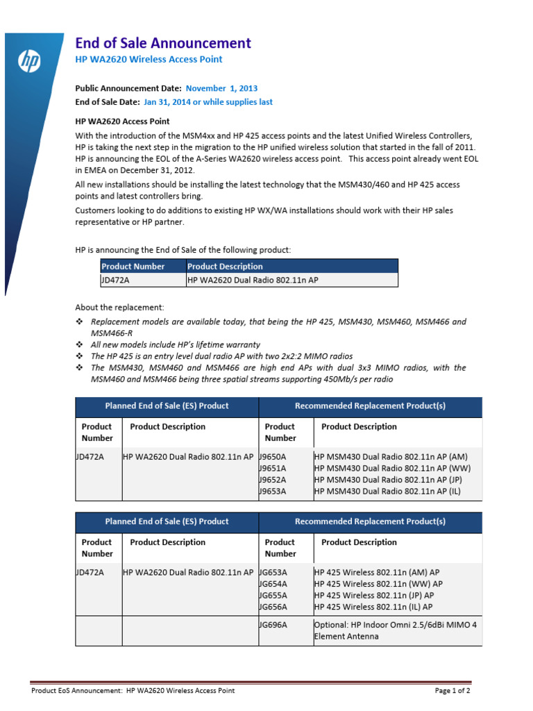 Product End of Sale Announcement WA2620 | PDF | Ieee 802.11 | Wireless ...
