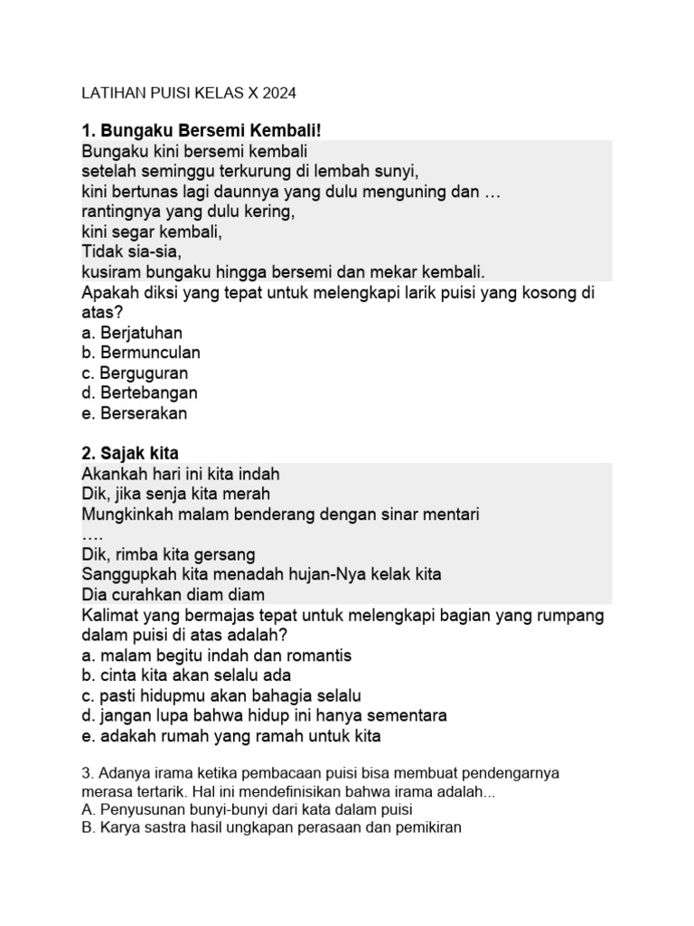 Latihan Puisi Kelas X 2024 | PDF | Puisi