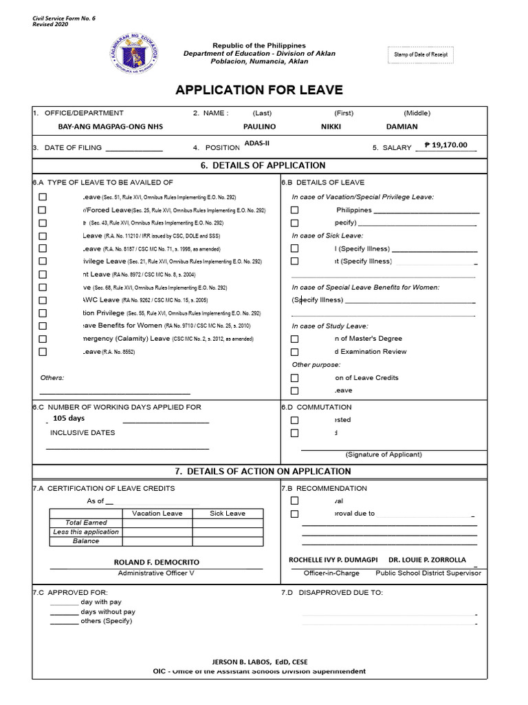 CS Form No. 6 Revised 2020 Application For Leave Fillable | PDF