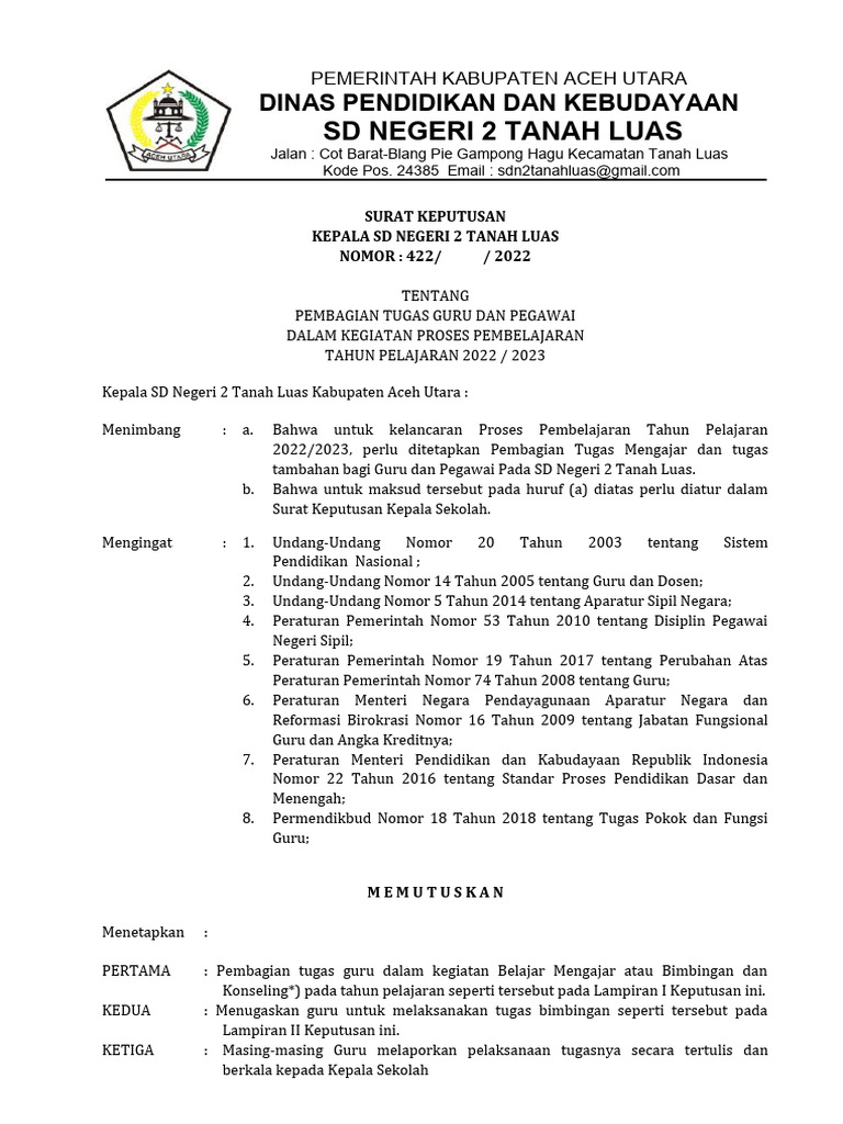 SK Pembagian Tugas 2022-2023 | PDF