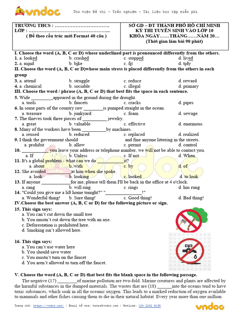 De Thi Thu Tieng Anh Vao Lop 10 TP Ho Chi Minh | PDF | Energy Conservation | Water