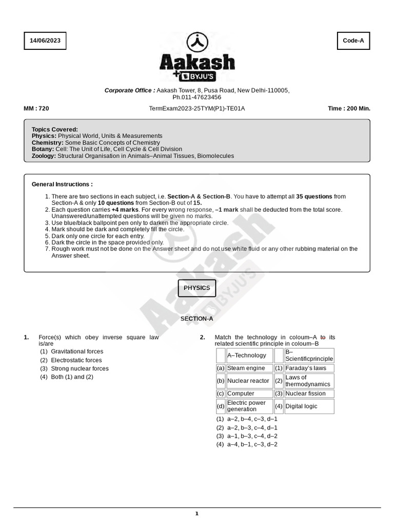 Aakash TE 01 (TYM 2025) | PDF | Cell Membrane | Mole (Unit)