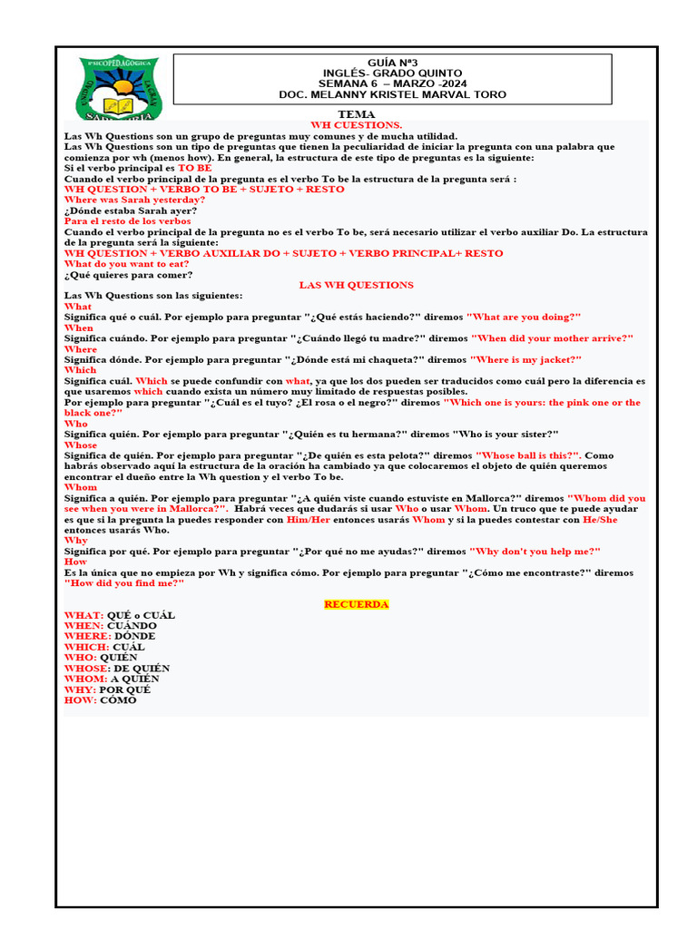 Guia Doc Inglés 5° Semana 6 - Marzo - 2024 | PDF