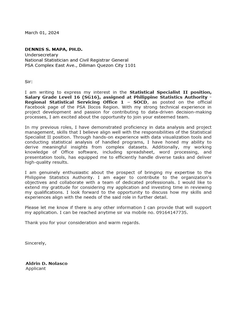 Application Letter PSA - SS II | PDF