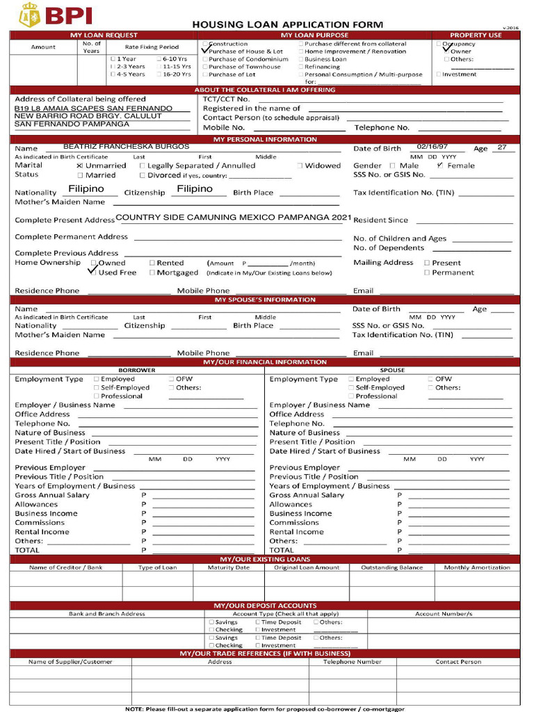 Housing Loan Application Form INDV 2022 BPI | PDF