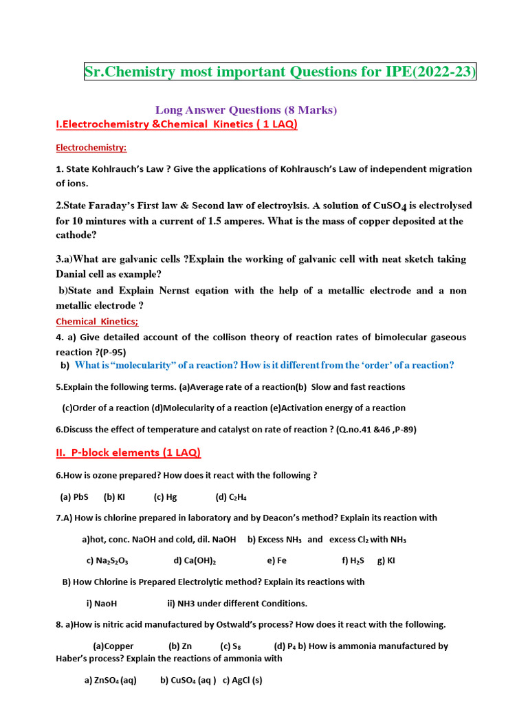 SR - CHEMISTRY-most Important LAQ, SAQ'S - 1 - (2022-23) | PDF | Chemical Reactions ...
