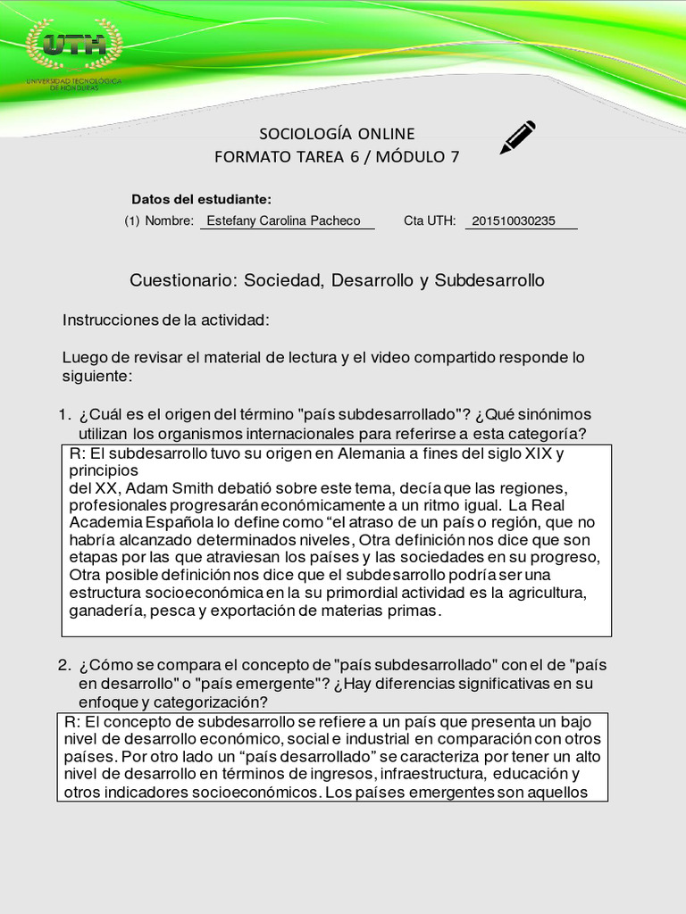 Formato Tarea 6 Modulo 7 S2 | PDF | Índice de Desarrollo Humano | Economias