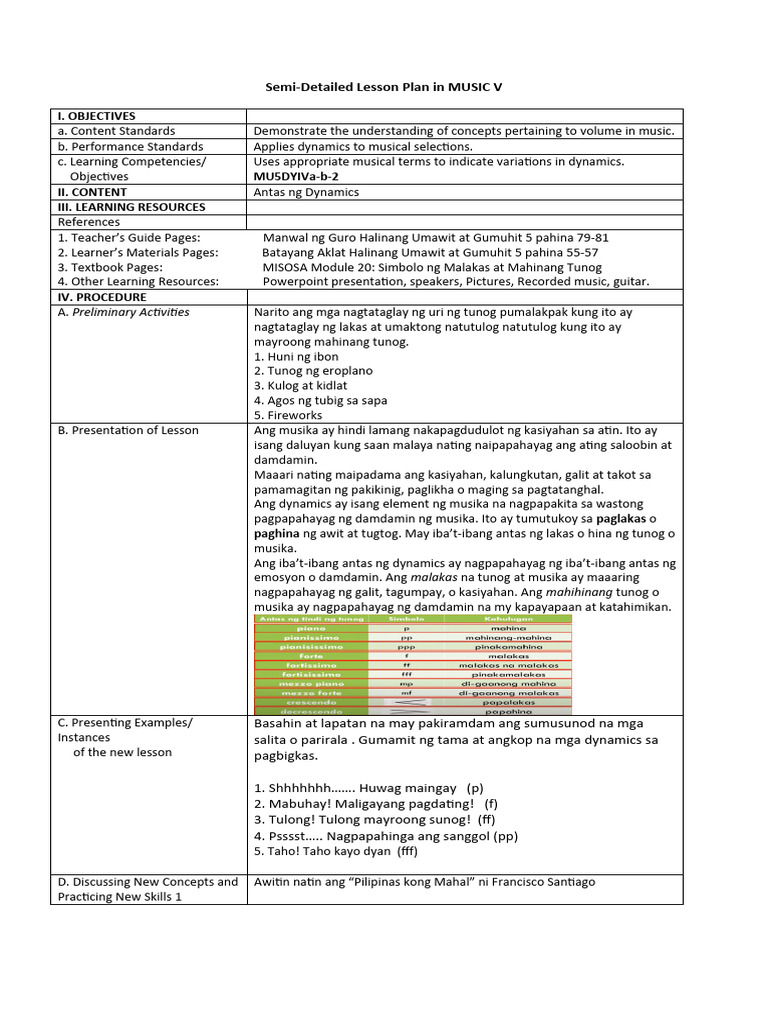 Semi Detailed Lesson Plan in MAPEH 5 | PDF