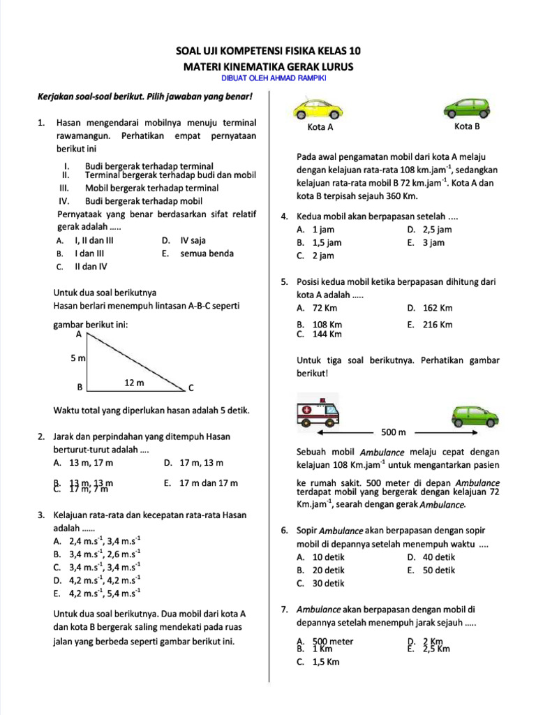 PDF Soal Uji Kompetensi Fisika Kelas 10 Materi Kinematika Gerak Lurus Compress | PDF