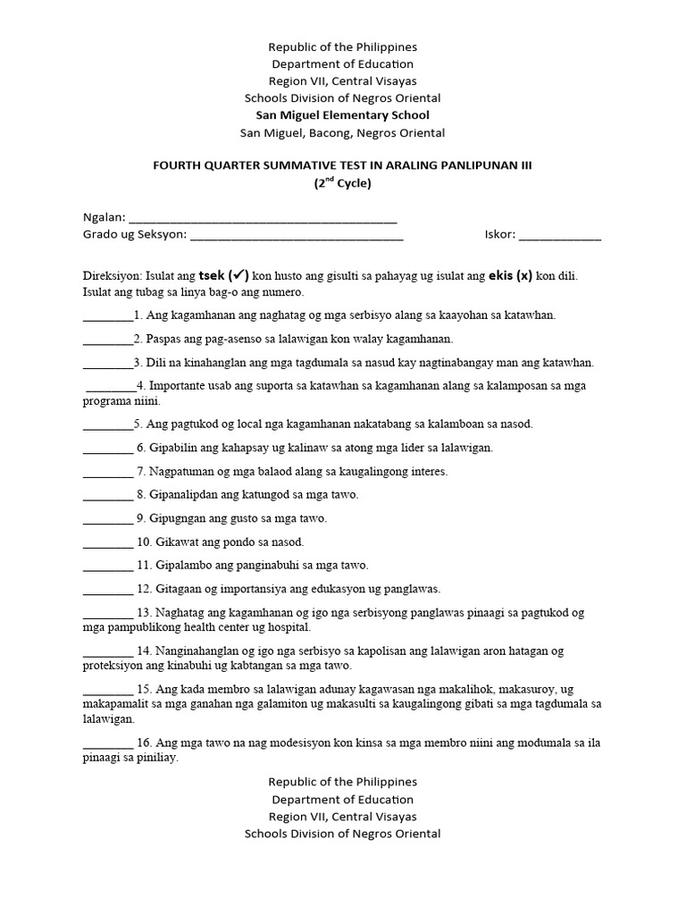 4TH Quarter Summative and PT in Aral Pan 2ND Half | PDF
