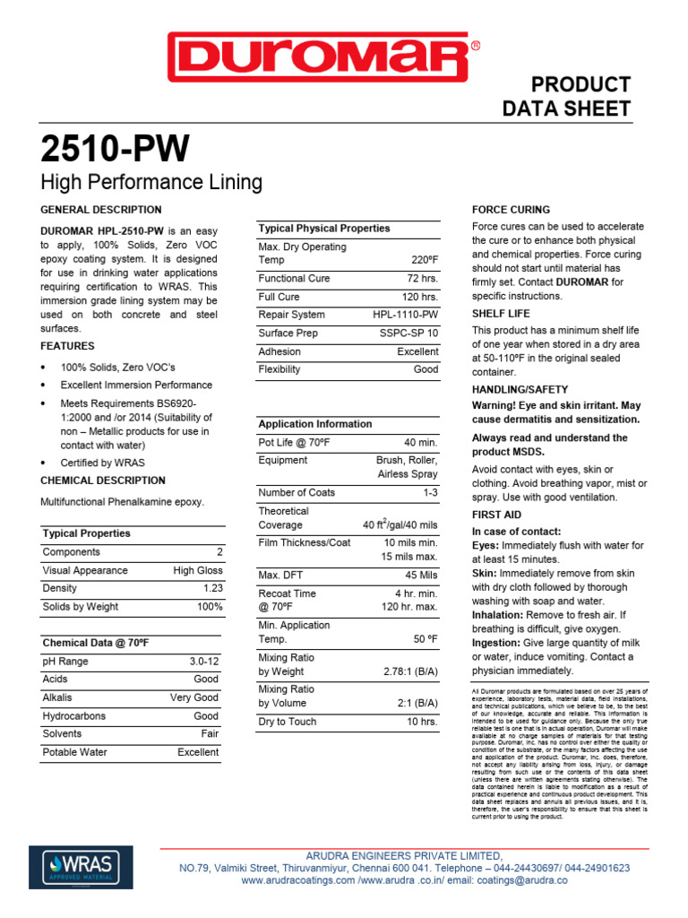 Duromar HPL-2510-PW Epoxy Coating Guide | PDF | Epoxy | Water