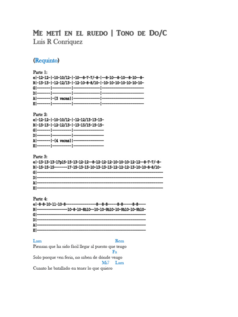 Me metí en el ruedo (Requinto y Acordes) | PDF