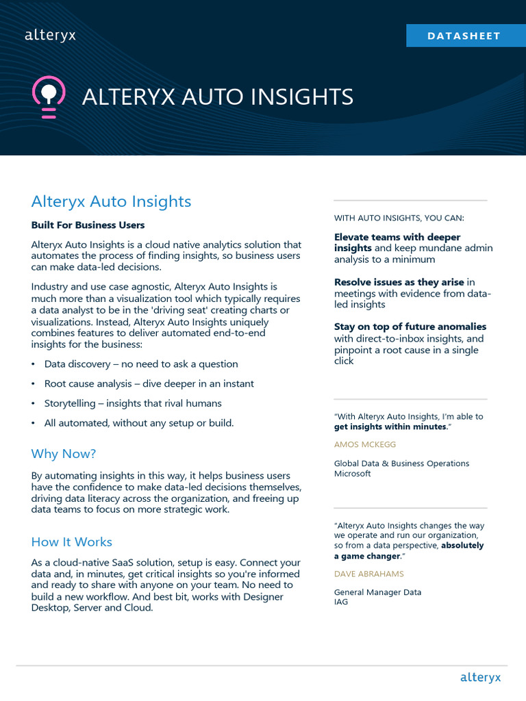 Alteryx Auto Insights-DATA SHEET | PDF | Analytics | Cloud Computing