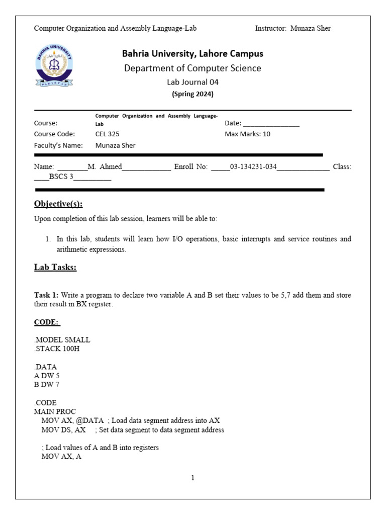 COAL LAB 4 07032024 113020am | PDF | Assembly Language | Computer Program